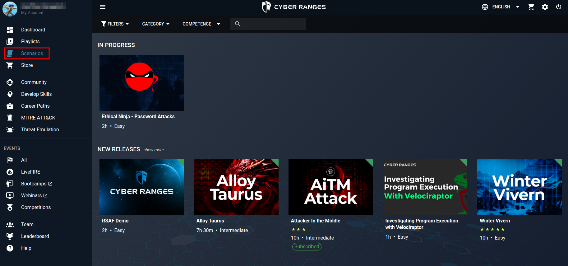 Viewing scenarios available for single player mode – CYBER RANGES