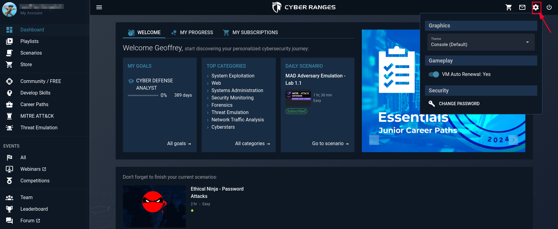 Top panel items – CYBER RANGES (EN)